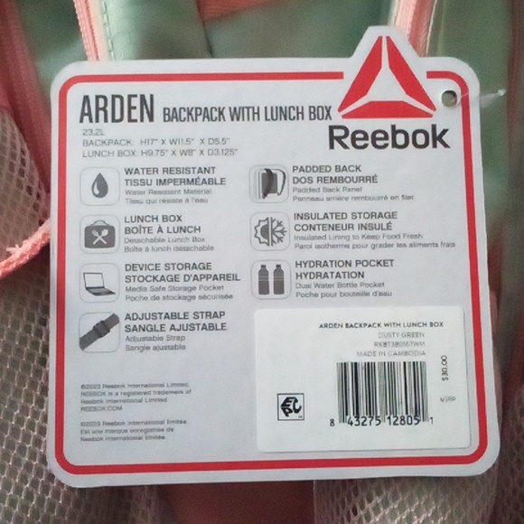 Reebok | Bags | Reebok Backpack And Lunch Bag Tote Water Resistant ...